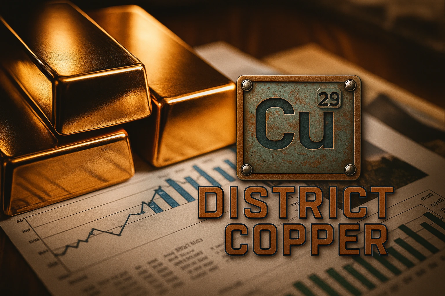 Copper bars with financial charts